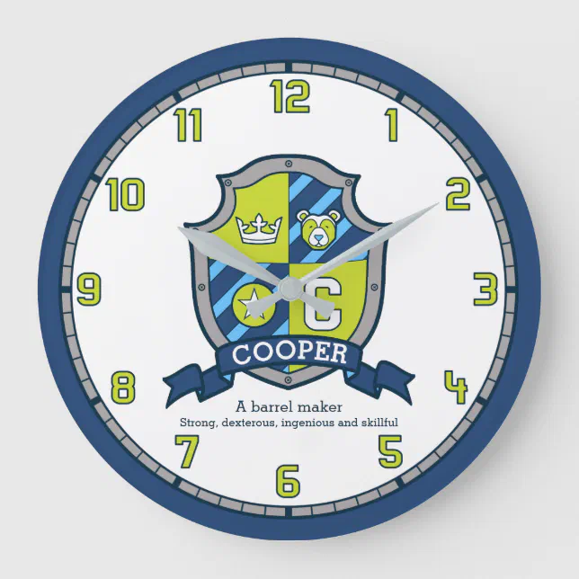 Cooper boys name meaning green blue bear shield large clock | Zazzle