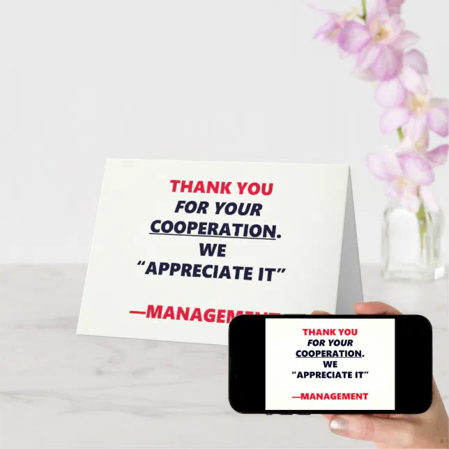 Cooperation Funny Thank You Office Humor Card | Zazzle