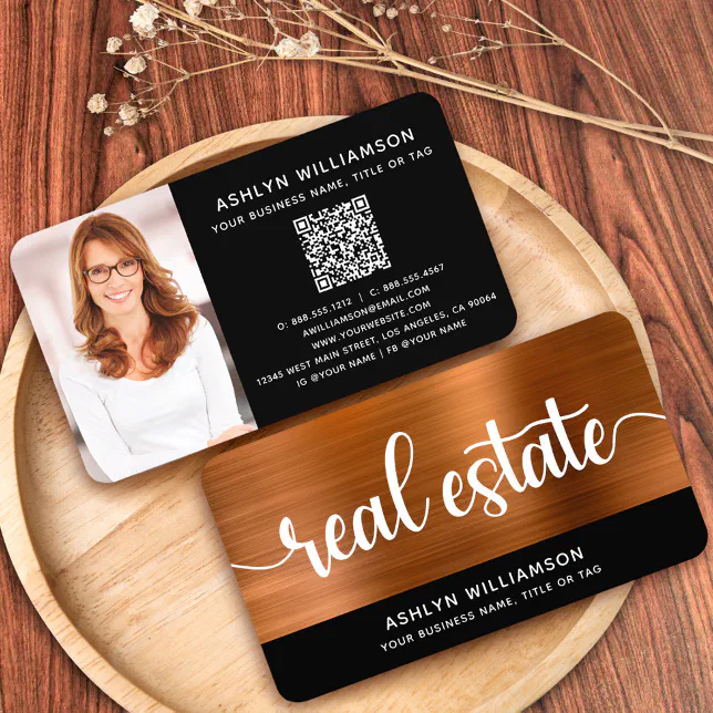 Copper Black Photo Real Estate Agent QR Code Bold Business Card | Zazzle