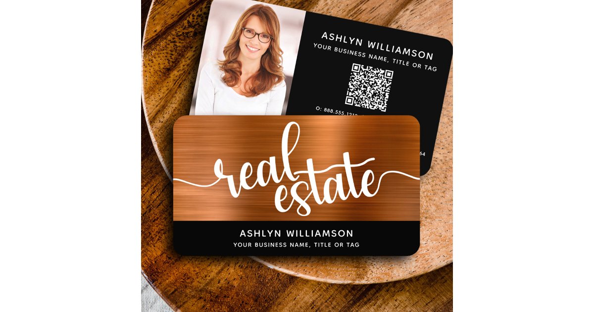 Copper Black Real Estate Agent Photo QR Code Bold Business Card | Zazzle