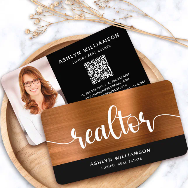 Copper Black Realtor Photo QR Code Broker Agent Business Card | Zazzle