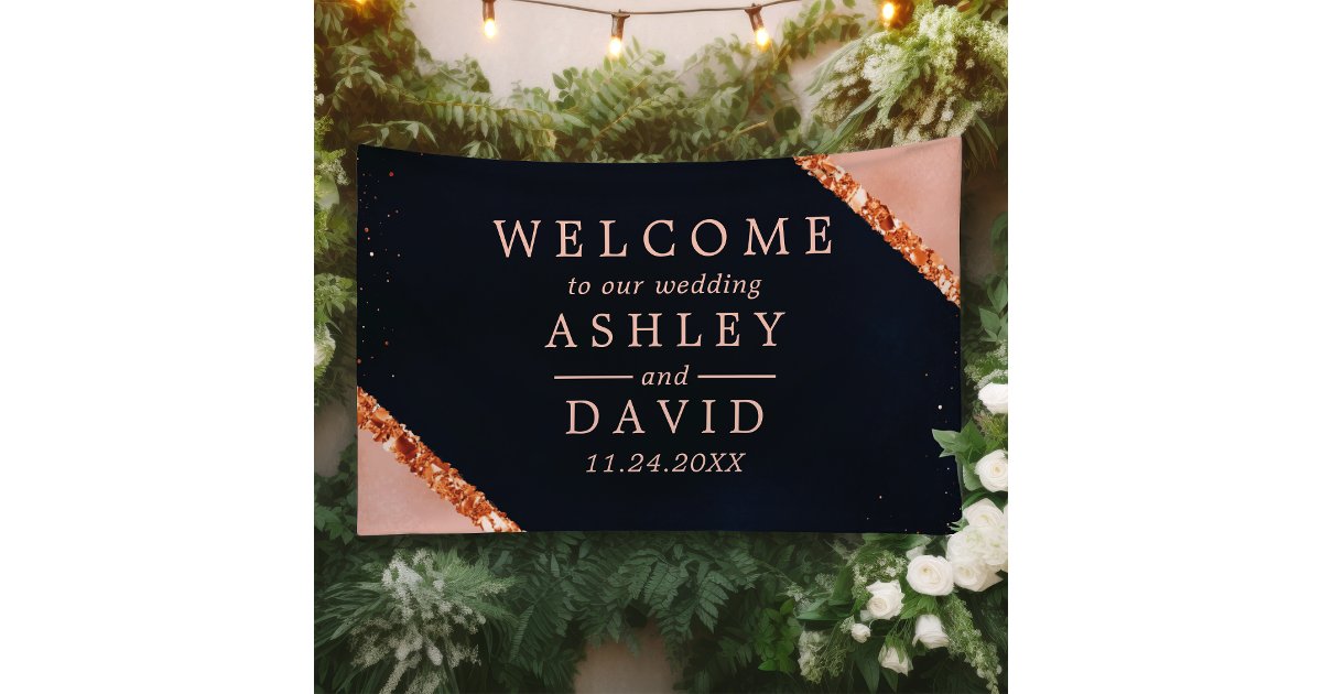 Copper Blush Pink Navy Wedding Welcome Banner | Zazzle