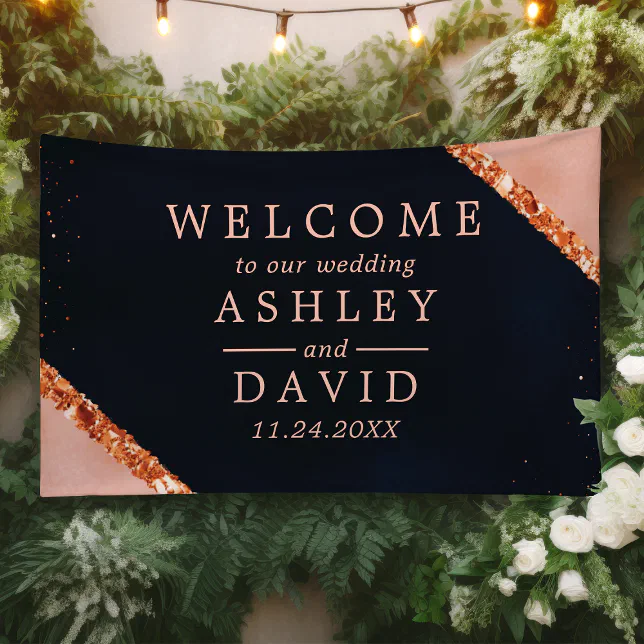 Copper Blush Pink Navy Wedding Welcome Banner | Zazzle