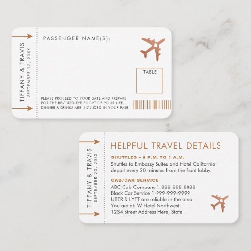 Copper Boarding Pass Airline Ticket Place Card | Zazzle