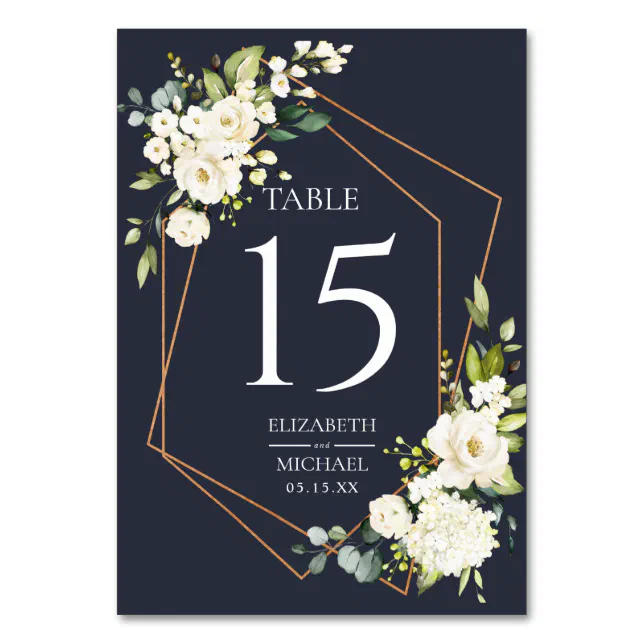 Copper Geometric Blue White Floral Wedding Table Number | Zazzle