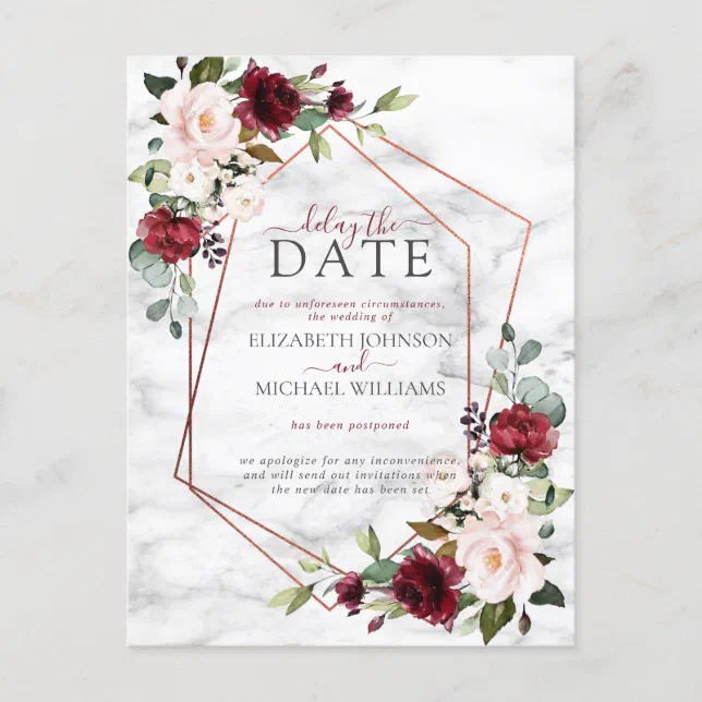 Copper Geometric Burgundy Marble Delay The Date Announcement Postcard ...
