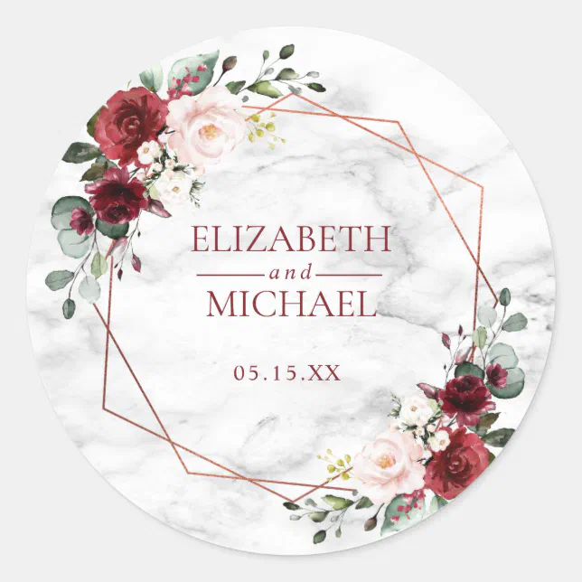 Copper Geometric Burgundy Marble Elegant Wedding Classic Round Sticker ...