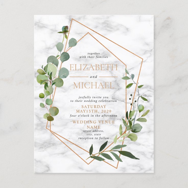 Copper Geometric Greenery Marble Postcard Wedding | Zazzle