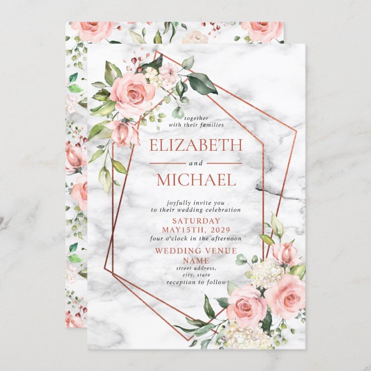 Copper Geometric Marble Pink Floral Wedding Invitation | Zazzle