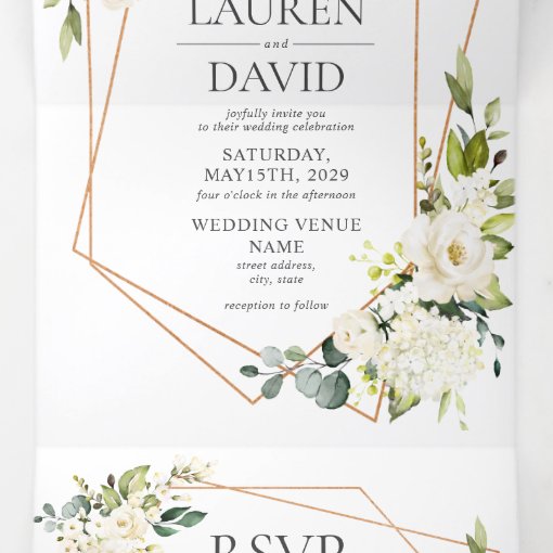 Copper Geometric White Floral Wedding Tri-Fold Inv | Zazzle