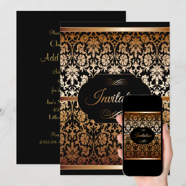 Copper Gold & Black Damask Party Templates | Zazzle