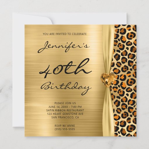 Copper Gold Leopard Foil Gem Ribbon 40th Birthday Invitation | Zazzle