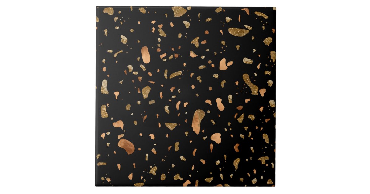 Copper Gold on Black Terrazzo Stone Ceramic Tile | Zazzle
