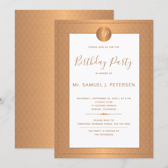 Copper Metallic White Monogram Birthday Party Invitation | Zazzle.com