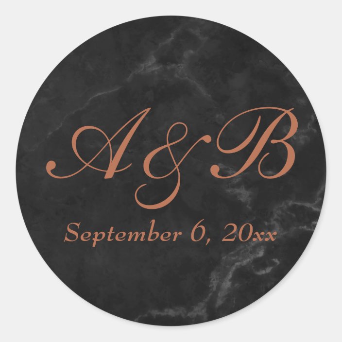 Copper Script Initials & Date w/ Faux Black Marble Classic Round ...