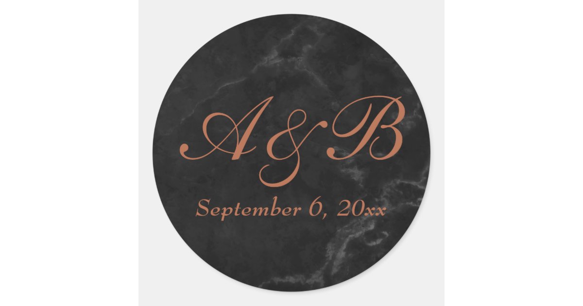 Copper Script Initials & Date w/ Faux Black Marble Classic Round ...