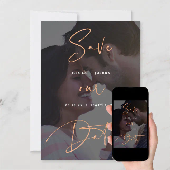 Copper Script Vellum Look Photo Save the Date Invitation | Zazzle