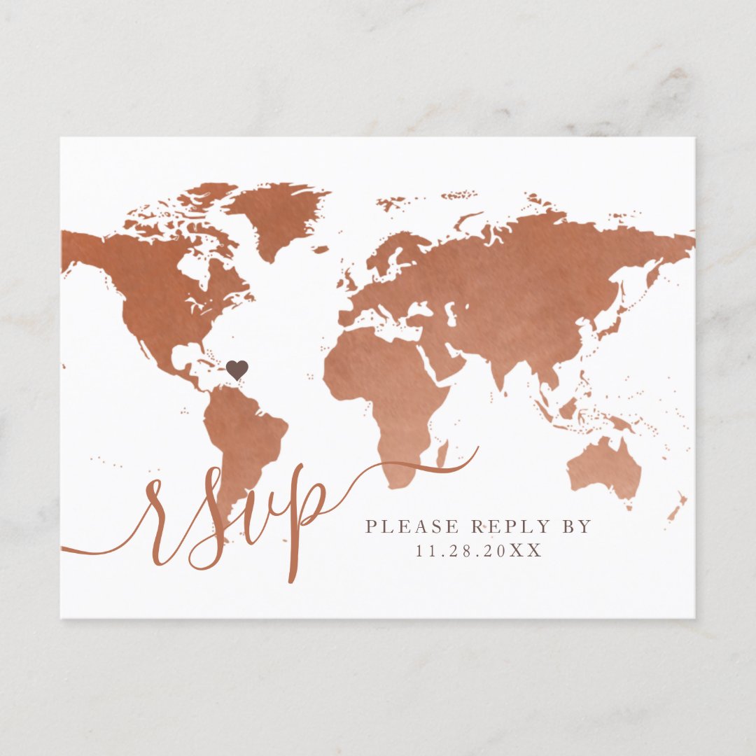 Copper World Map Travel Destination RSVP Postcard | Zazzle