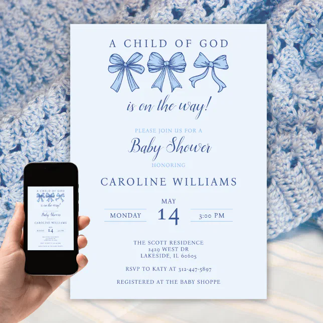 Coquette Blue Bows Christian Child of God Boy Invitation | Zazzle