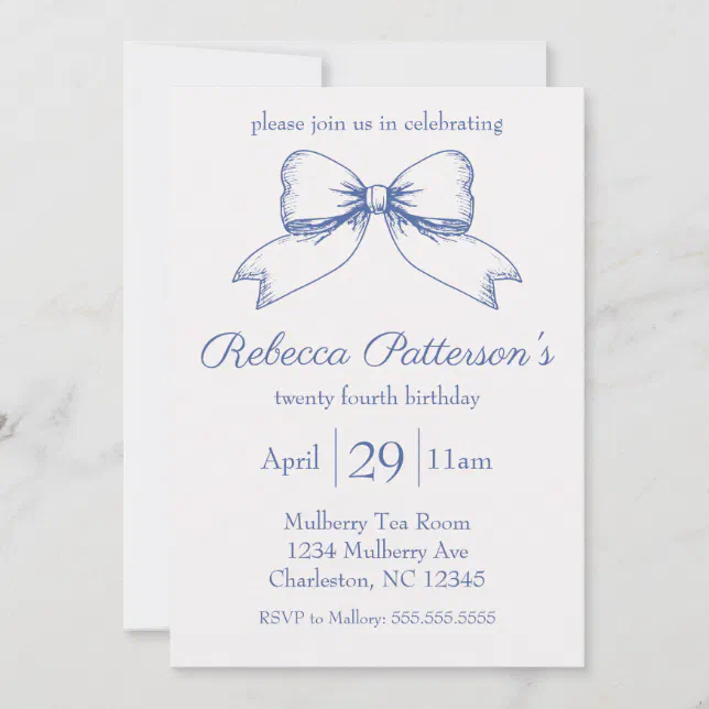 Coquette Blue Ribbon Bow Feminine Party Invitation | Zazzle