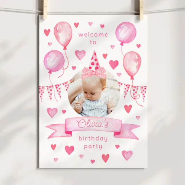Coquette Bow Pink Photo Hat Birthday Party Welcome Poster | Zazzle
