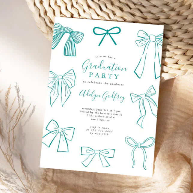 Coquette Bows Teal Graduation Party Invitation | Zazzle