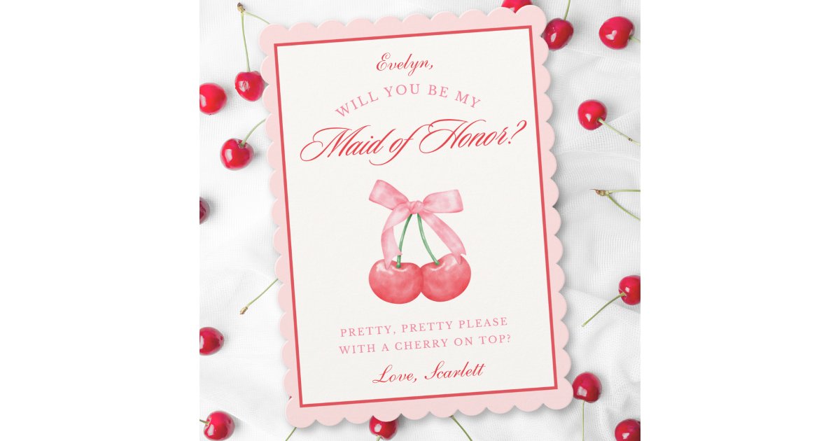 Coquette Cherry Maid of Honor Custom Name Proposal Invitation | Zazzle