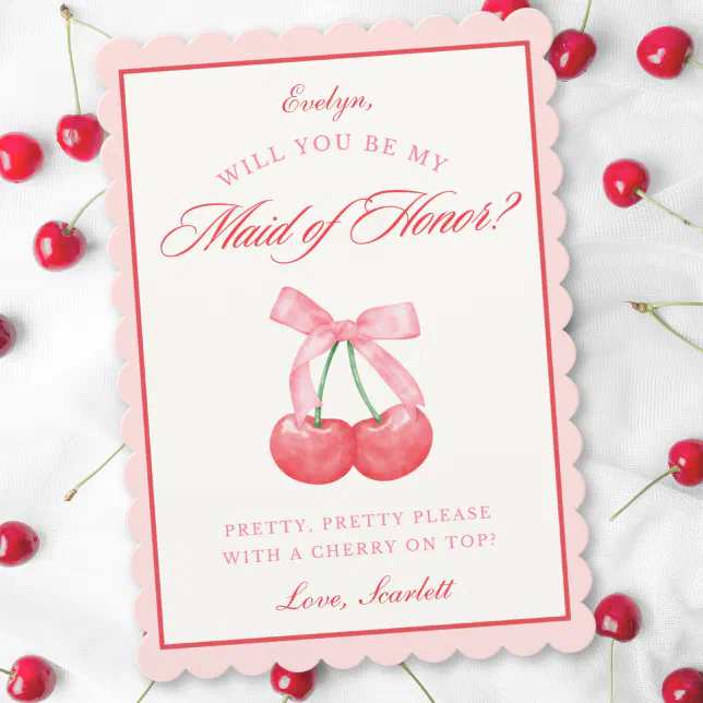 Coquette Cherry Maid of Honor Custom Name Proposal Invitation | Zazzle