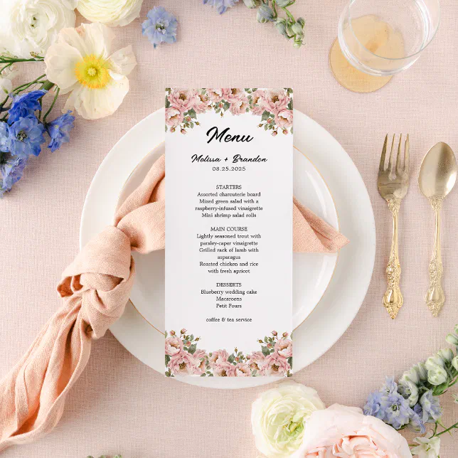 Coquette Floral Blush Pink Wedding Menu | Zazzle