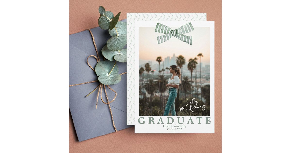 Coquette Green Bow Photo Graduation Announcement | Zazzle