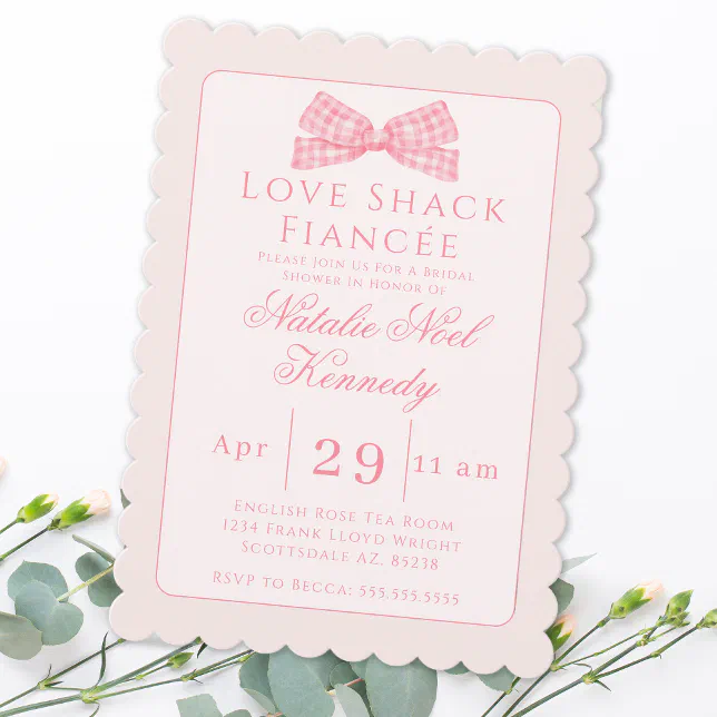 Coquette Love Shack Fiancée Bridal Shower Pink Bow Invitation | Zazzle