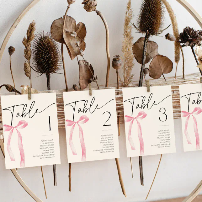 Coquette Pink Bow Bridal Table Number Place Cards | Zazzle