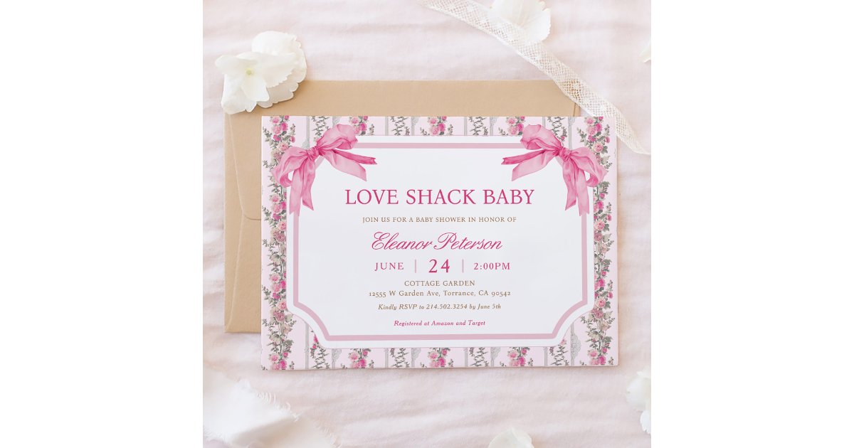 Coquette Pink Bow Love Shack baby Shower Invitation | Zazzle