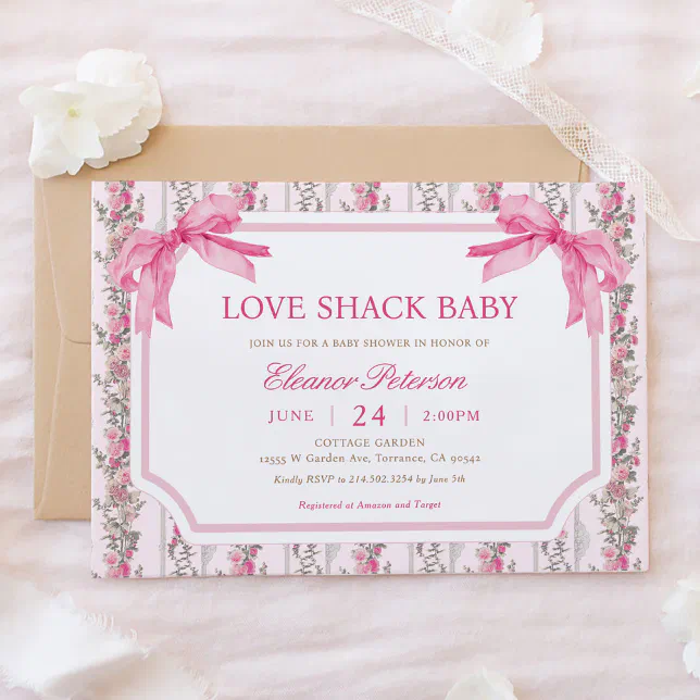 Coquette Pink Bow Love Shack baby Shower Invitation | Zazzle