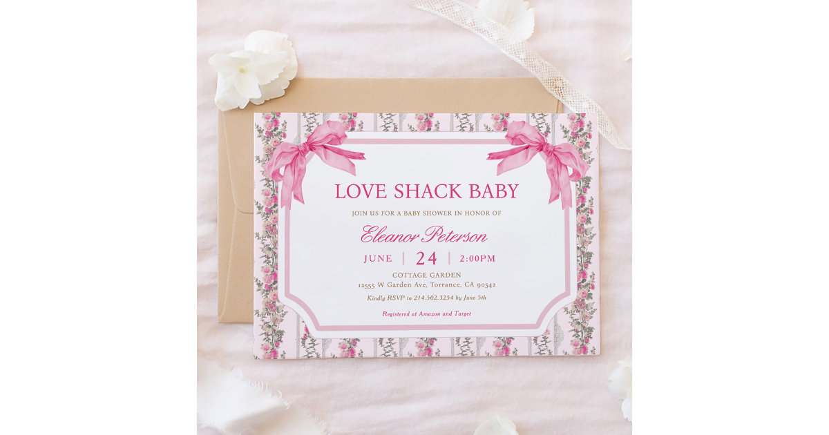 Coquette Pink Bow Love Shack baby Shower Invitation | Zazzle