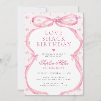 Coquette Pink Bow Love Shack Birthday Invitation | Zazzle