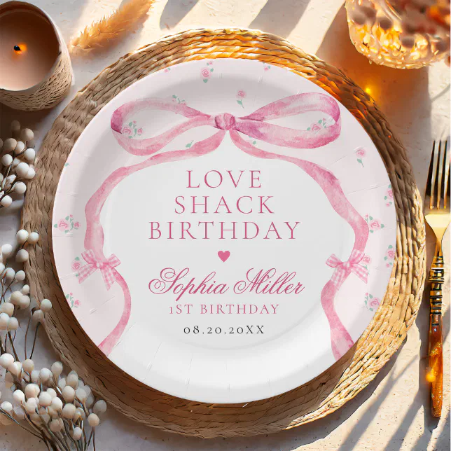 Coquette Pink Bow Love Shack Birthday Paper Plates | Zazzle