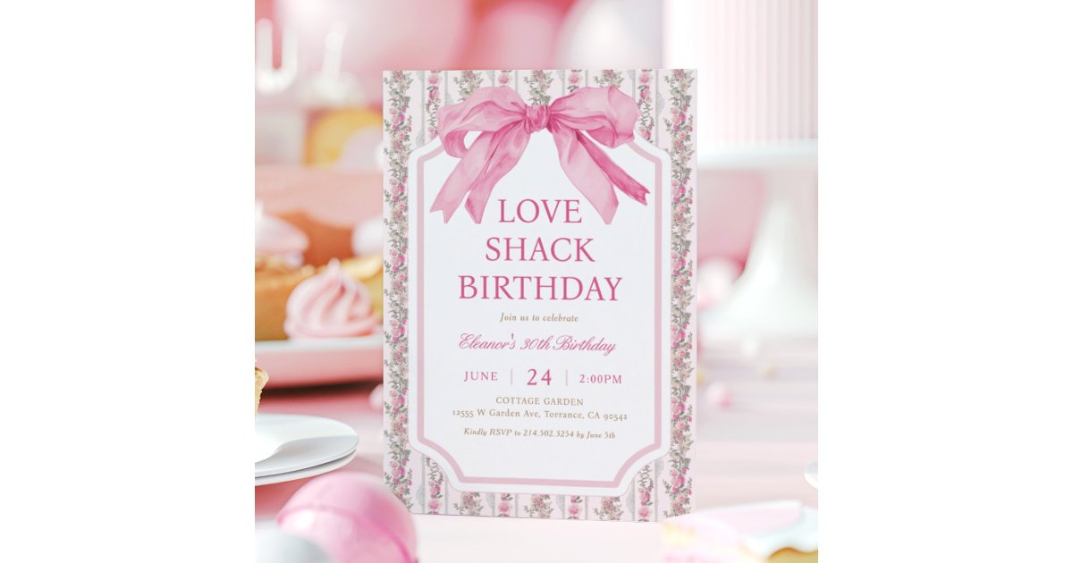 Coquette Pink Bow Love Shack Birthday Party Invitation | Zazzle