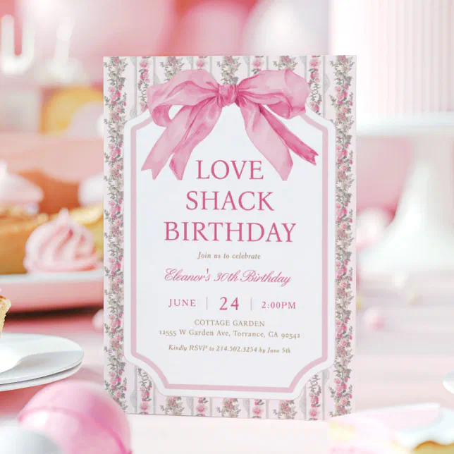Coquette Pink Bow Love Shack Birthday Party Invitation | Zazzle