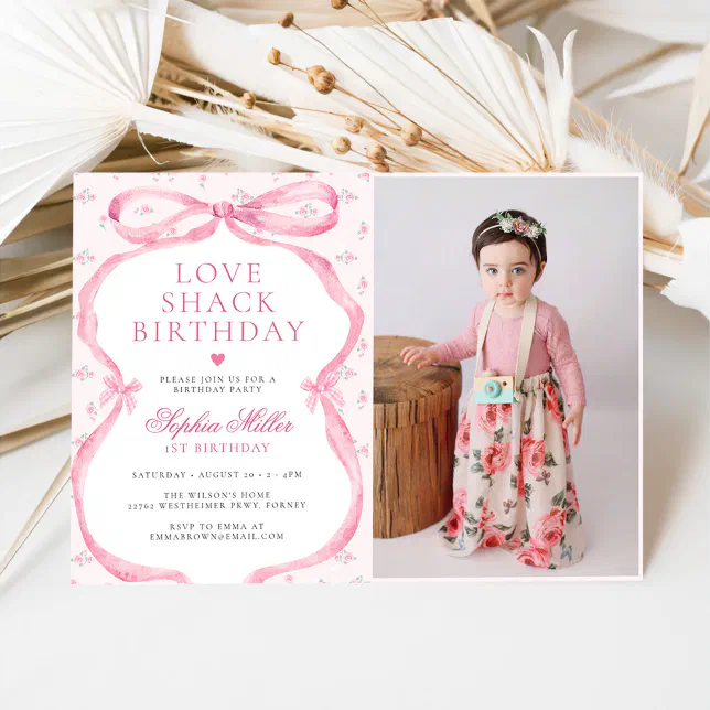 Coquette Pink Bow Love Shack Birthday Photo Invitation | Zazzle