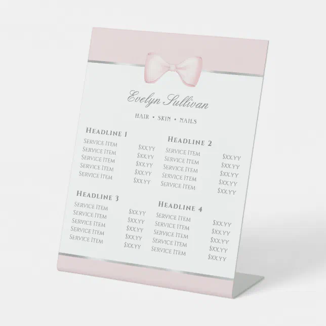 Coquette Pink Bow Price List Pedestal Sign | Zazzle