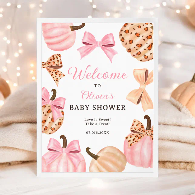 Coquette Pink Bow Pumpkin baby shower welcome Poster | Zazzle