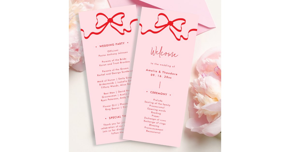 Coquette Pink Red Bow Wedding Program | Zazzle