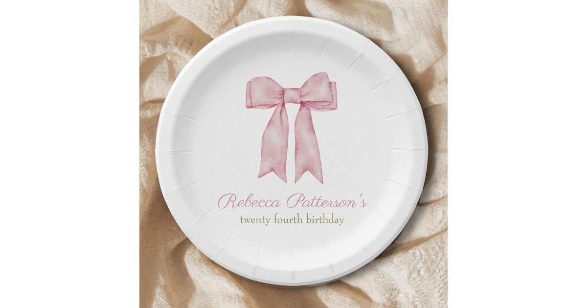 Coquette Pink Watercolor Bow Feminine Bday Party Paper Plates | Zazzle