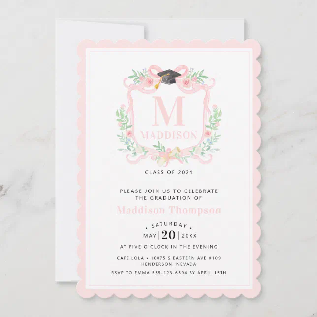 Coquette Ribbon Graduation Monogram Crest Invitation | Zazzle