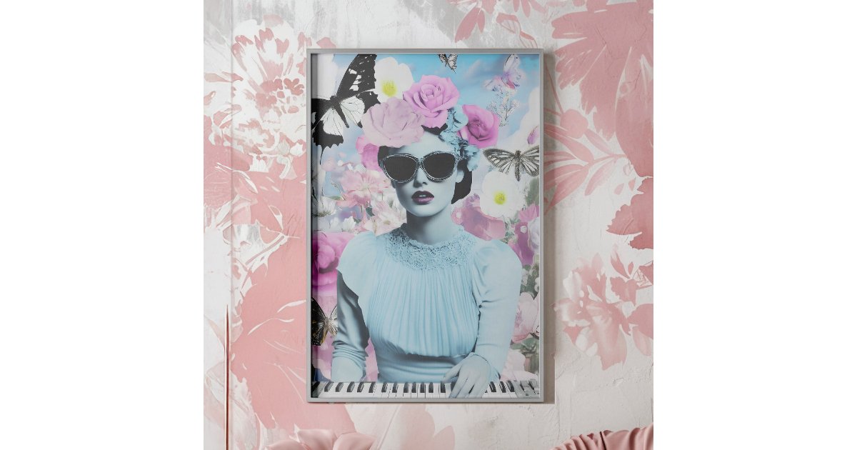 Coquette Style Pink and Blue Retro Pop Art Collage Poster | Zazzle