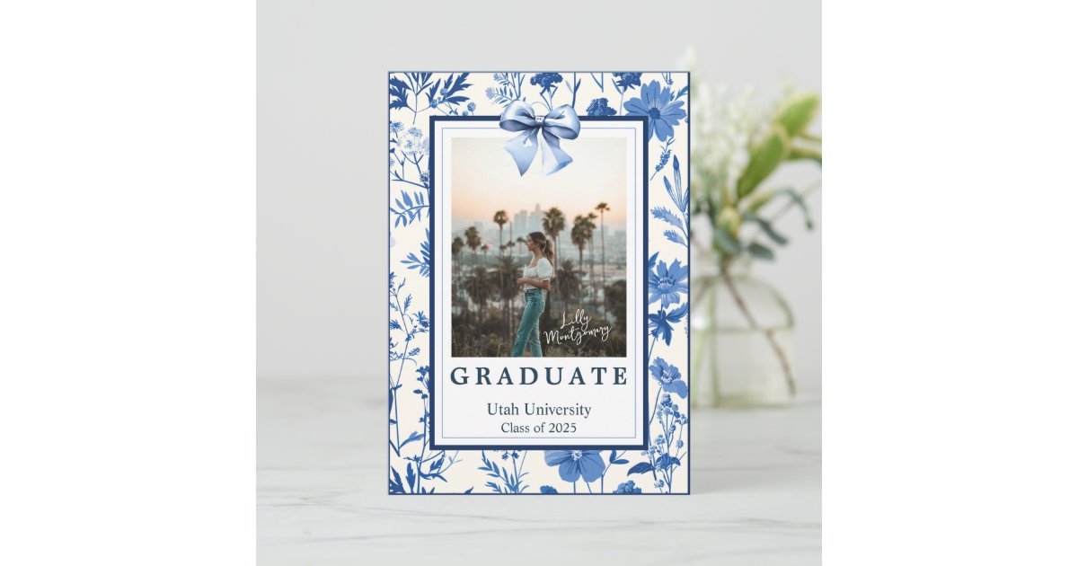 Coquette Toile Bow Photo Graduation Announcement | Zazzle