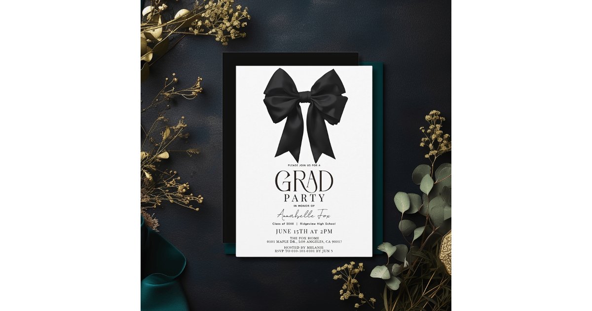 Coquette Vintage Black Bow Ribbon Graduation Party Invitation | Zazzle