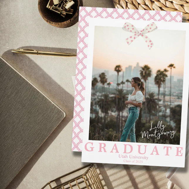 Coquette White Pink Bow Graduation Announcement | Zazzle