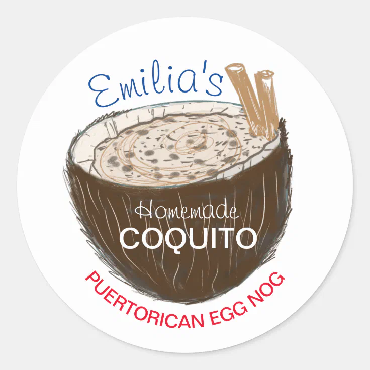Coquito Recipe Drink Coconut Shell Hand Drawn Classic Round Sticker ...